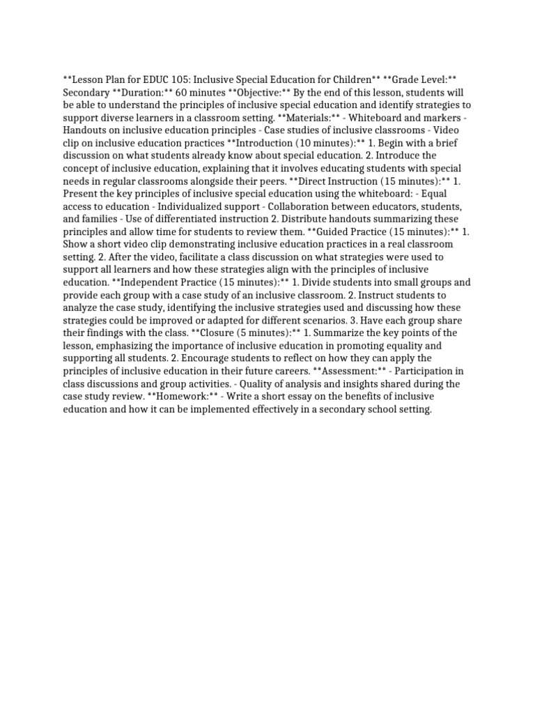 Lesson Plan For Educ 105 Secondary Title Inclusive Special Education ...