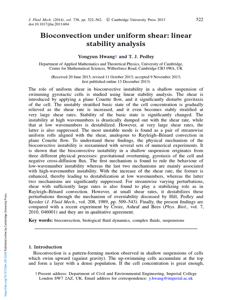 Bioconvection Under Uniform Shear Linear Stability Analysis | PDF ...