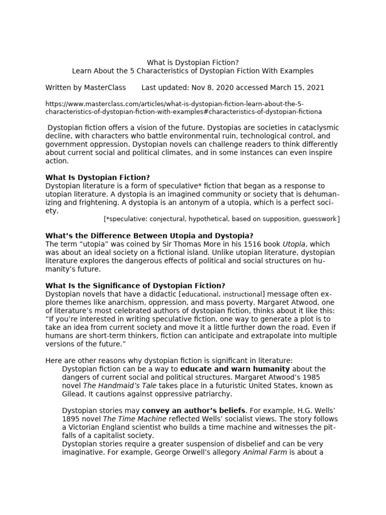 Dystopian Fiction 5 Characteristics | PDF | Utopian And Dystopian ...