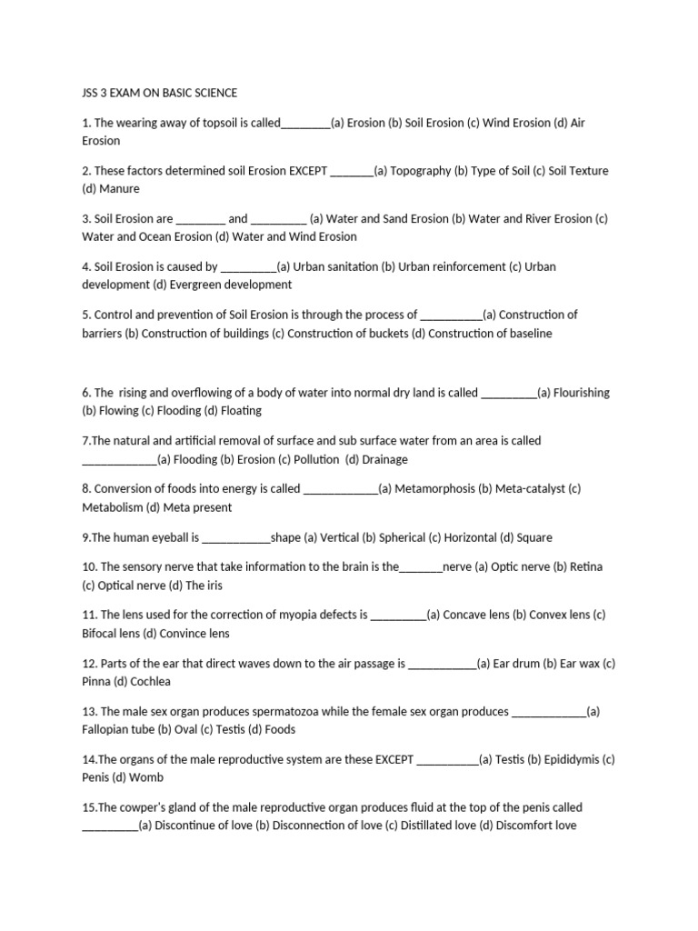 First Term Jss 3 Exam On Basic Science | PDF | Reproductive System | Erosion