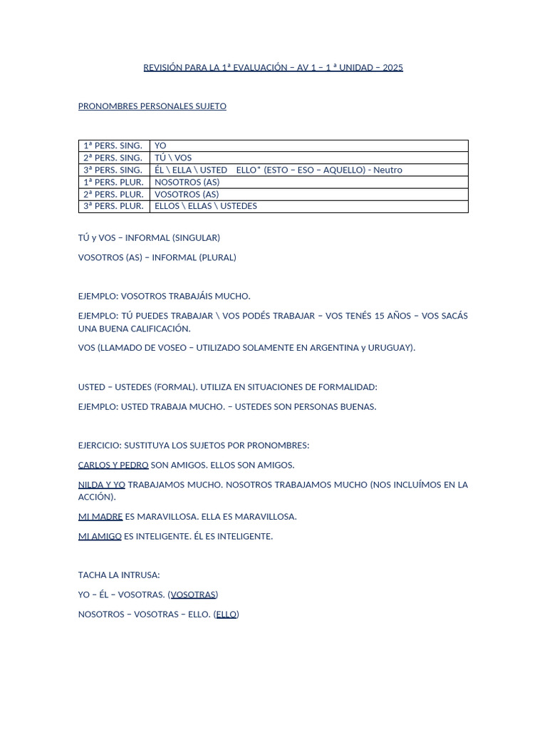 2025 - REVISIÓN PARA AV 1 -1 ª UNIDADE | PDF | Gramática | Idiomas