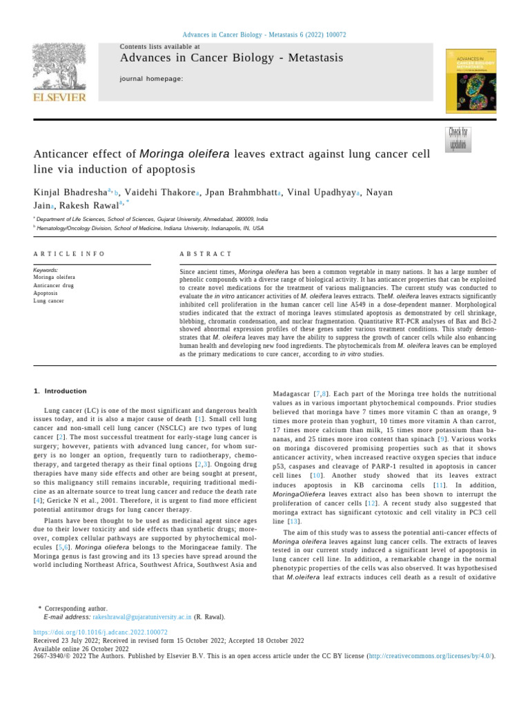 Moringa Oleifera Extracts Induce Lung Cancer Apoptosis | PDF | Cancer ...