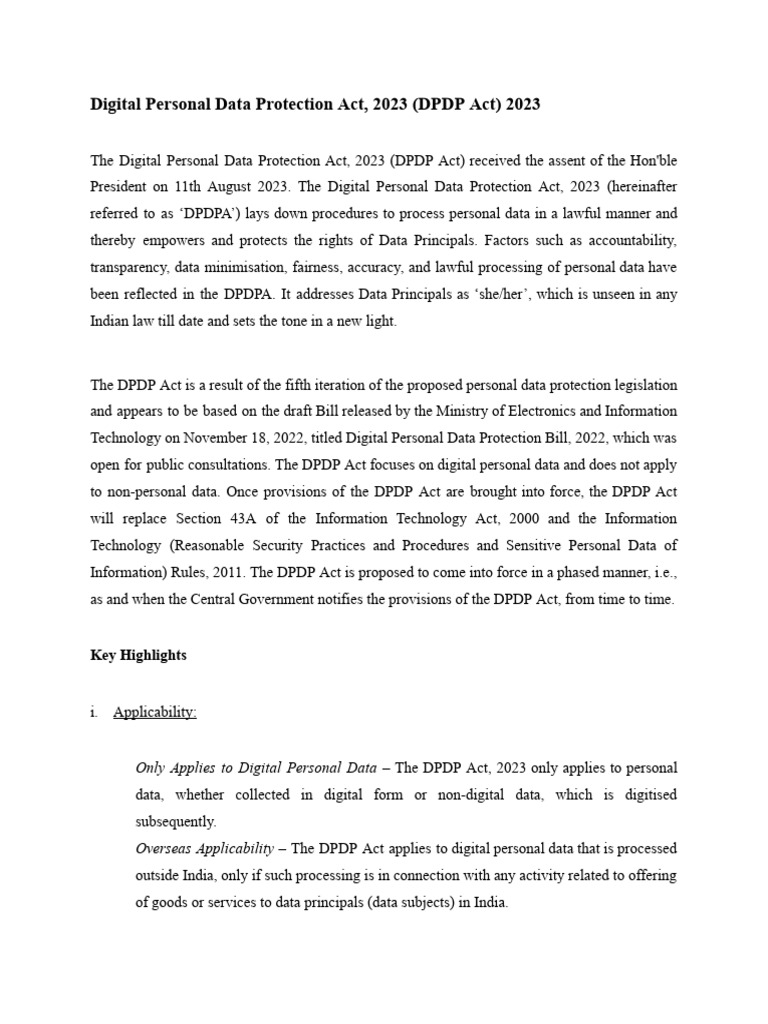 Digital Personal Data Protection Act, 2023 (DPDP Act) 2023 and Draft ...