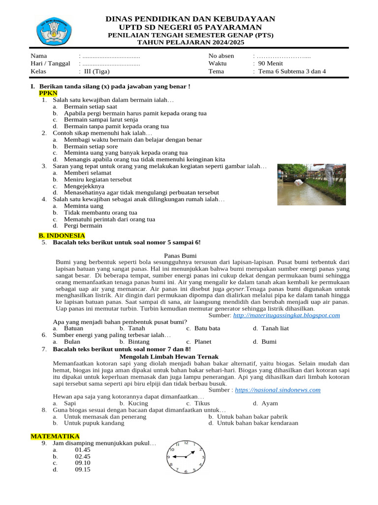 Soal PTS Kelas 3 Tema 6 Sub 3 Dan 4 Hari Ke-4 | PDF