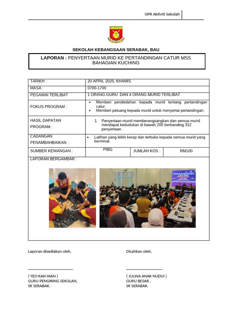 OPR Aktiviti Sekolah CATUR | PDF