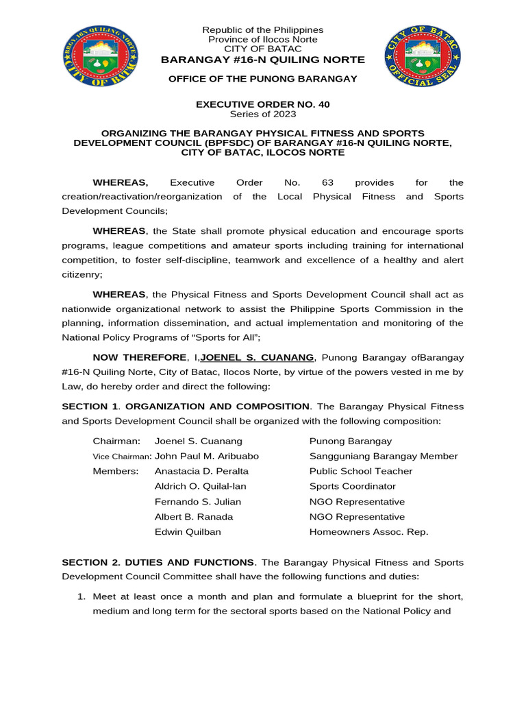 Barangay Sports Development Council Order | PDF