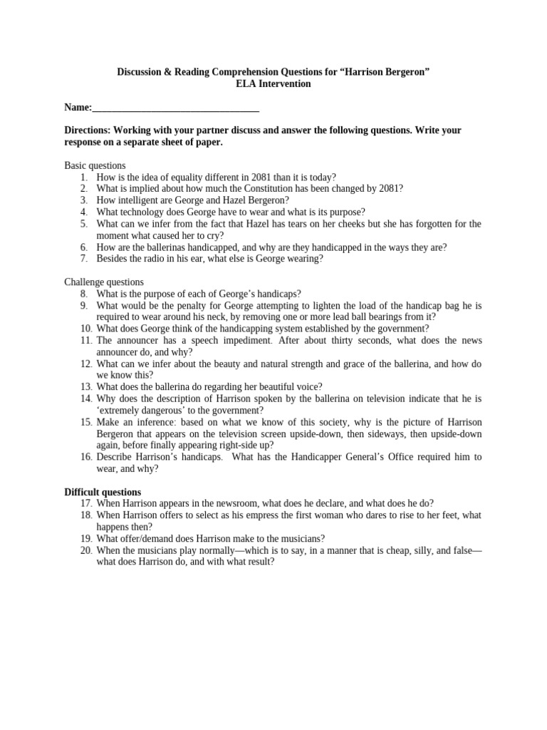 Comprehension Questions for Harrison Bergeron | PDF