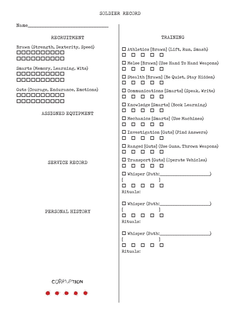 Never Going Home Character Sheet (Printer Friendly) | PDF