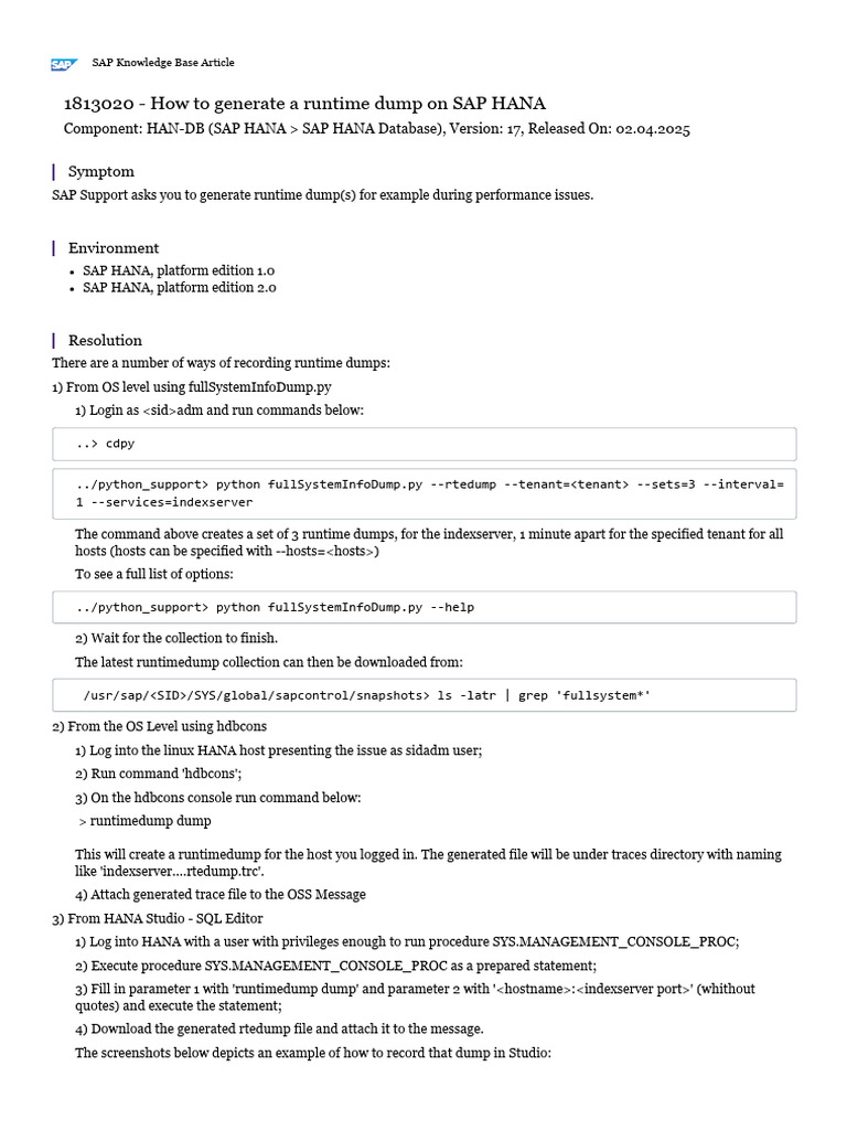 Generating Runtime Dumps in SAP HANA | PDF | Databases | Software ...