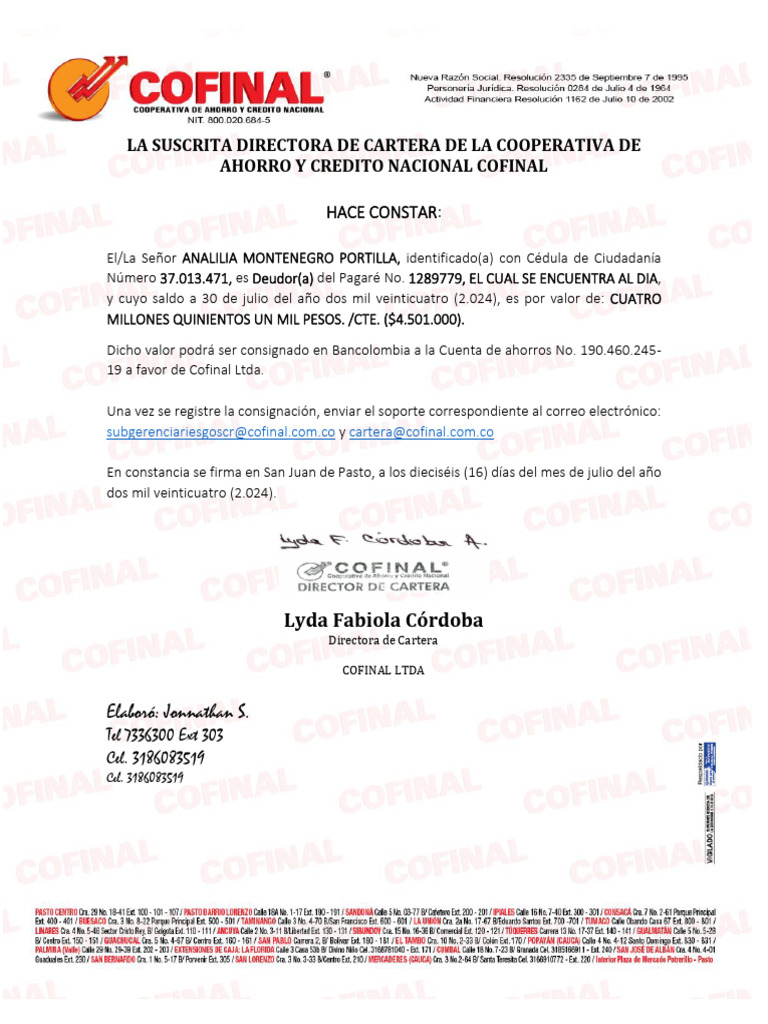 Paz y Salvo Cofinal | PDF