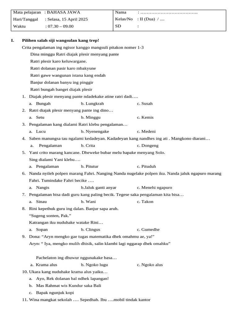 Asts Bahasa Jawa Kelas 2 | PDF