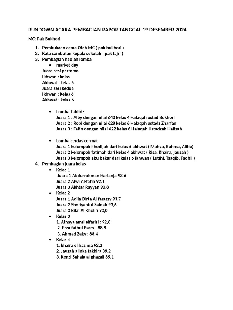 Rundown Acara Pembagian Rapor Tanggal 19 Desember 2024 | PDF
