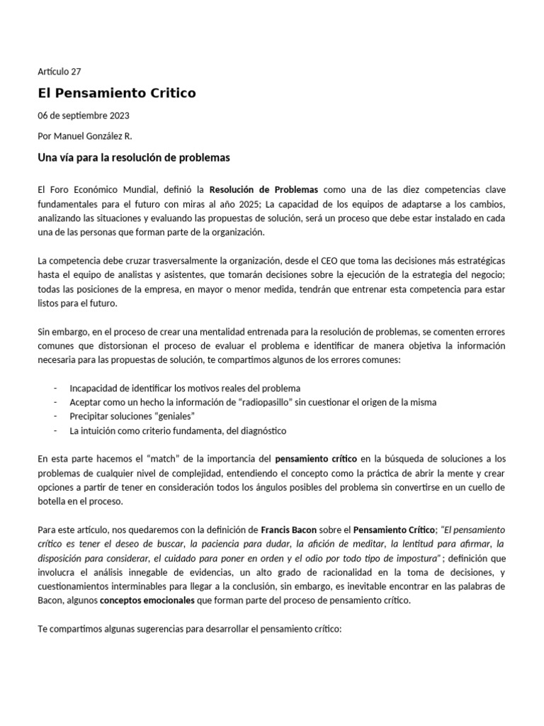 El Pensamiento Critico | PDF | Pensamiento | Pensamiento crítico