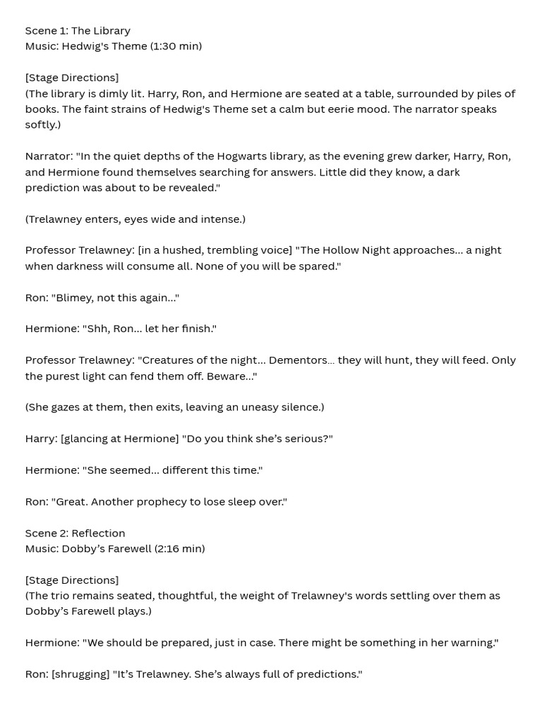 Scene 1 The Library Music Hedwig's Theme 130 Min Stage Directions | PDF ...