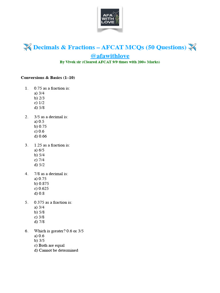 AFCAT MCQs on Decimals & Fractions | PDF | Odds | Arithmetic