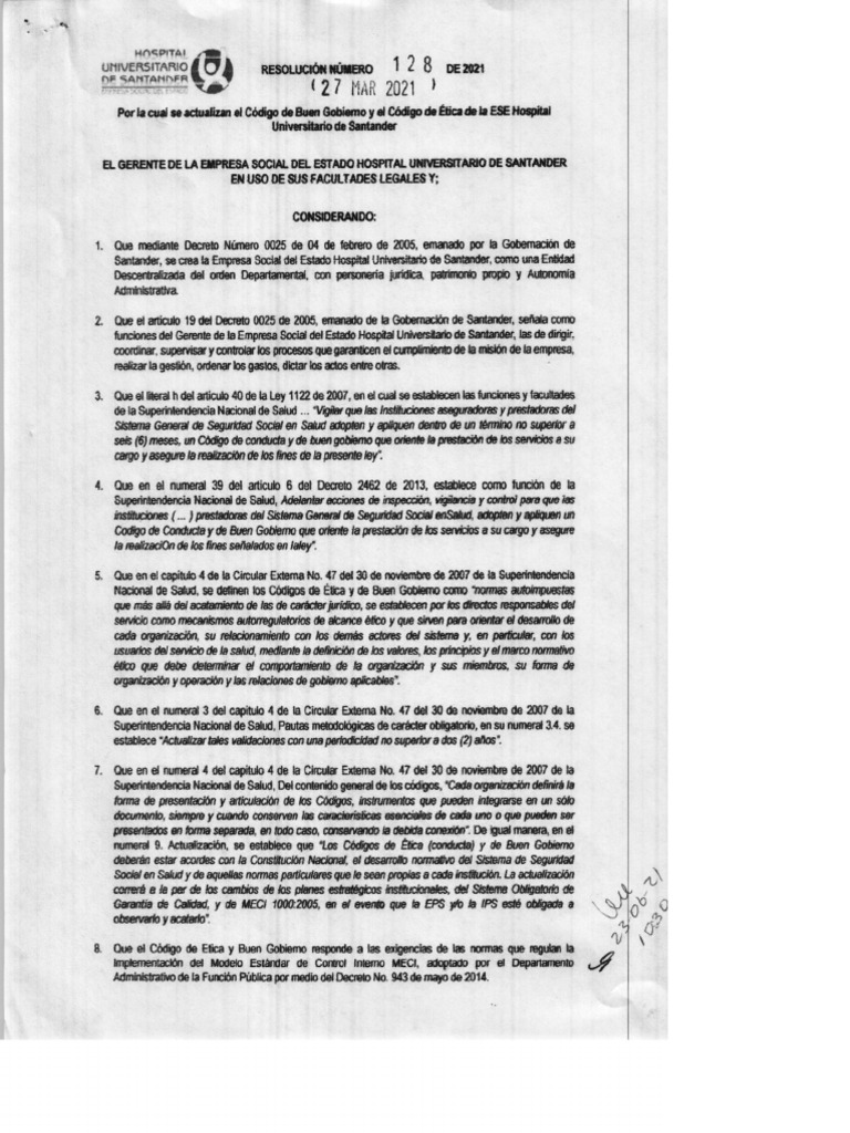 Resolucion 128 Marzo 27 de 2021 Codigos de Etica y de Buen Gobierno | PDF