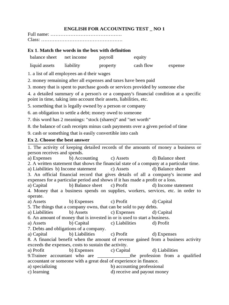 English Accounting Test No. 1 | PDF | Balance Sheet | Expense