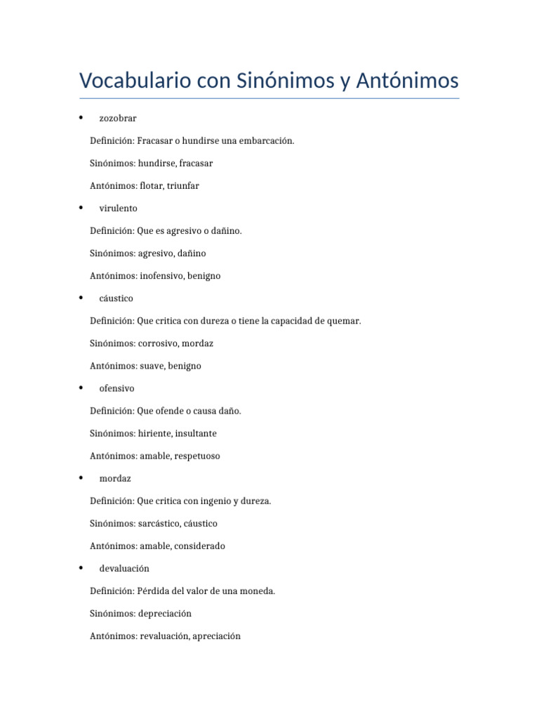 Vocabulario: Sinónimos y Antónimos | PDF | Buques | Transporte de agua