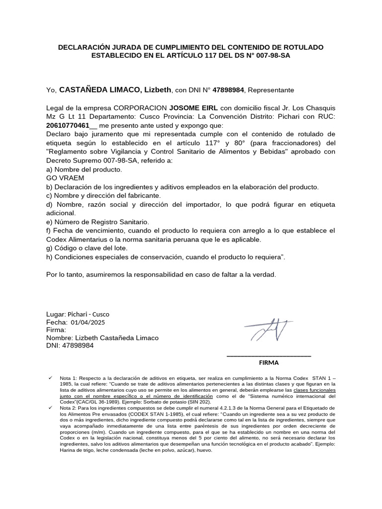 Declaración Jurada Etiqueta Lizbeth | PDF | Alimentos