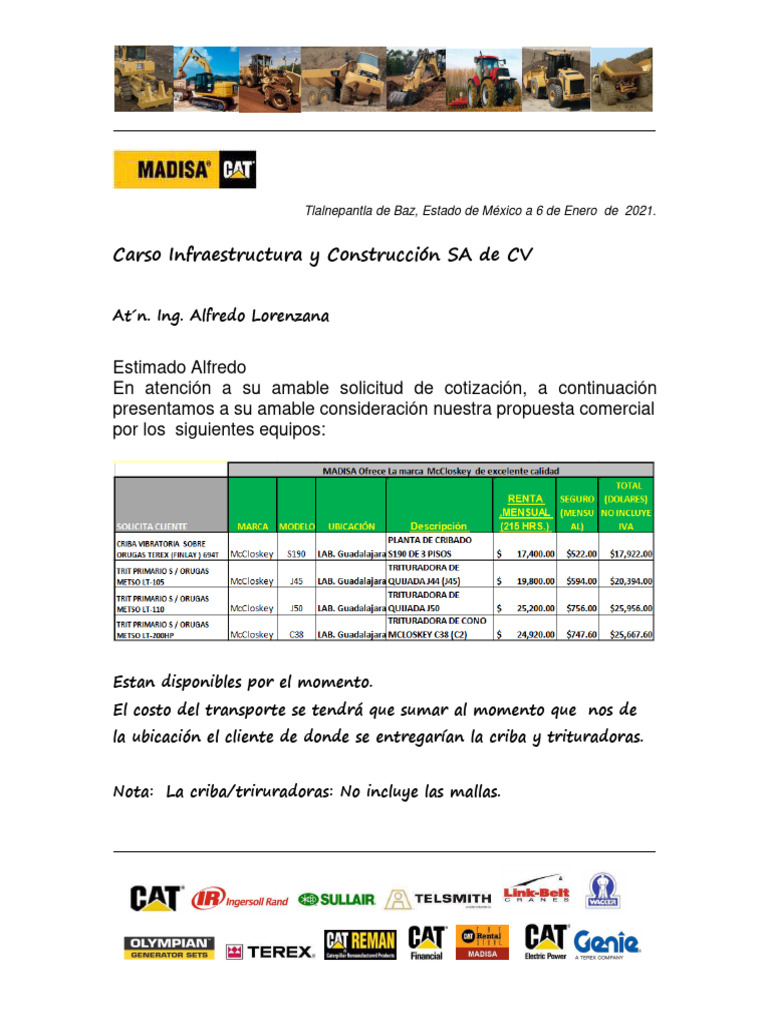 Cotización de Renta de Equipos en MADISA | PDF