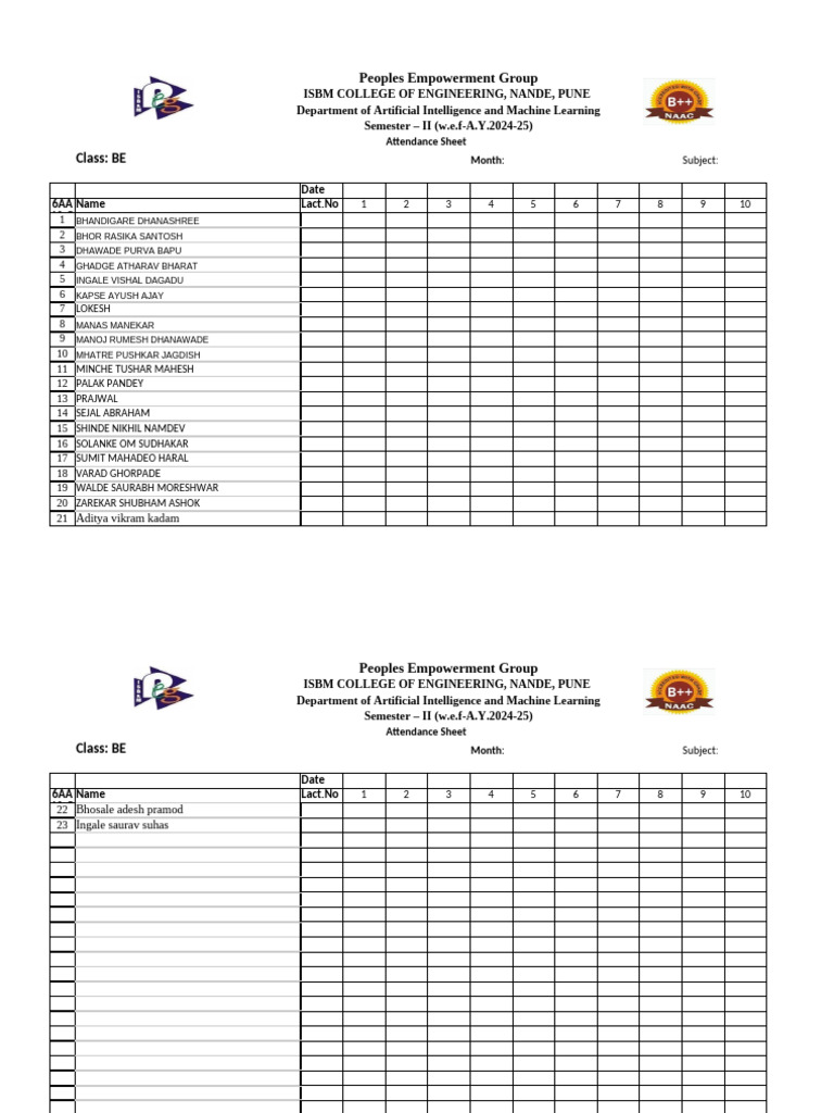 BE AIML Attendance Sheet | PDF