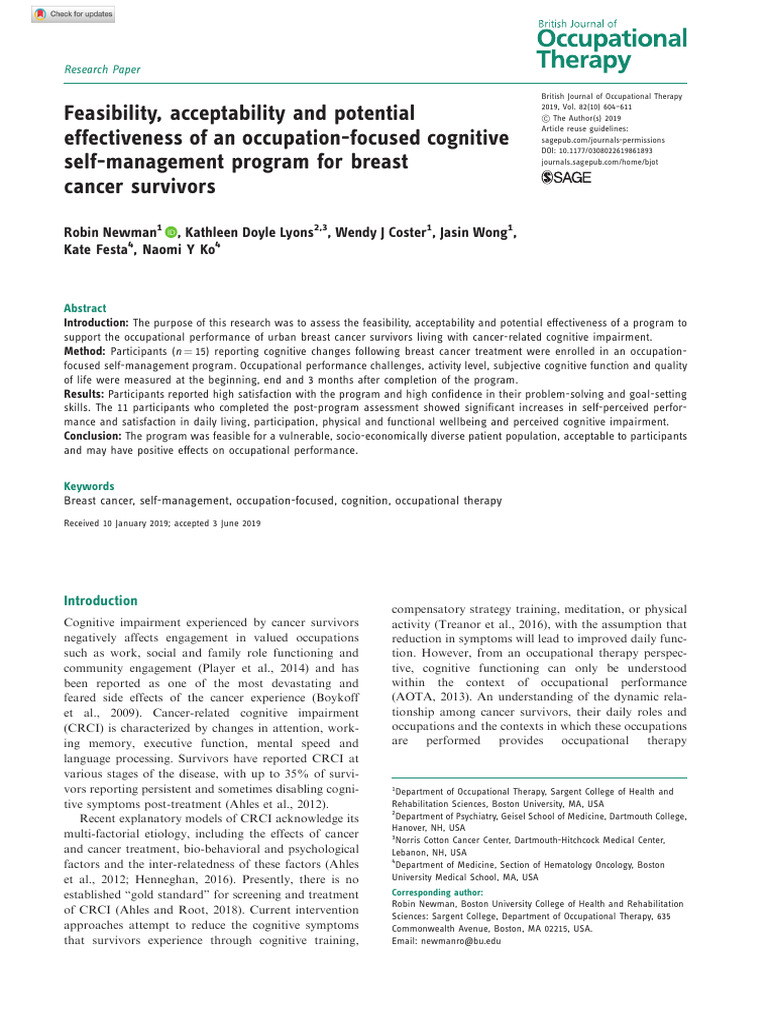 Newman Et Al 2019 Feasibility Acceptability and Potential Effectiveness of An Occupation Focused ...