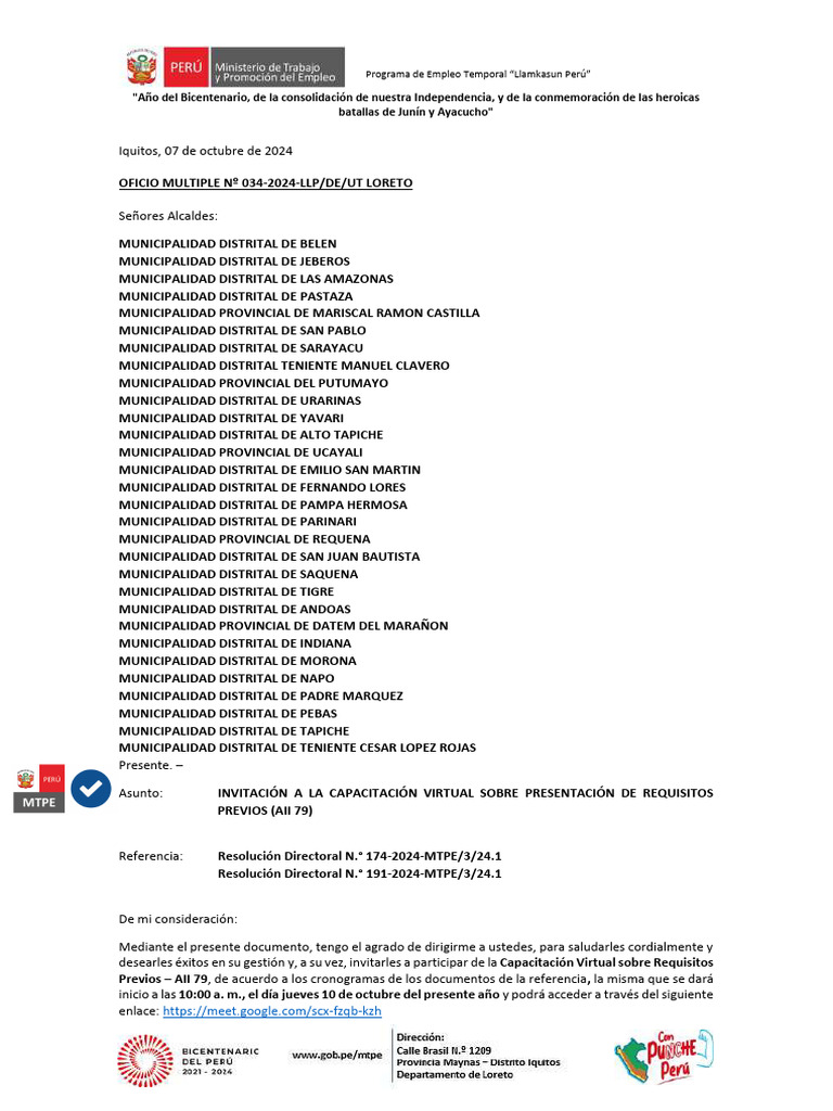OFICIO MULTIPLE N° 034-2024-LLP-DE-UT LORETO - INVITACION A CAPACITACIÓN SOBRE PRESENTACIÓN DE ...