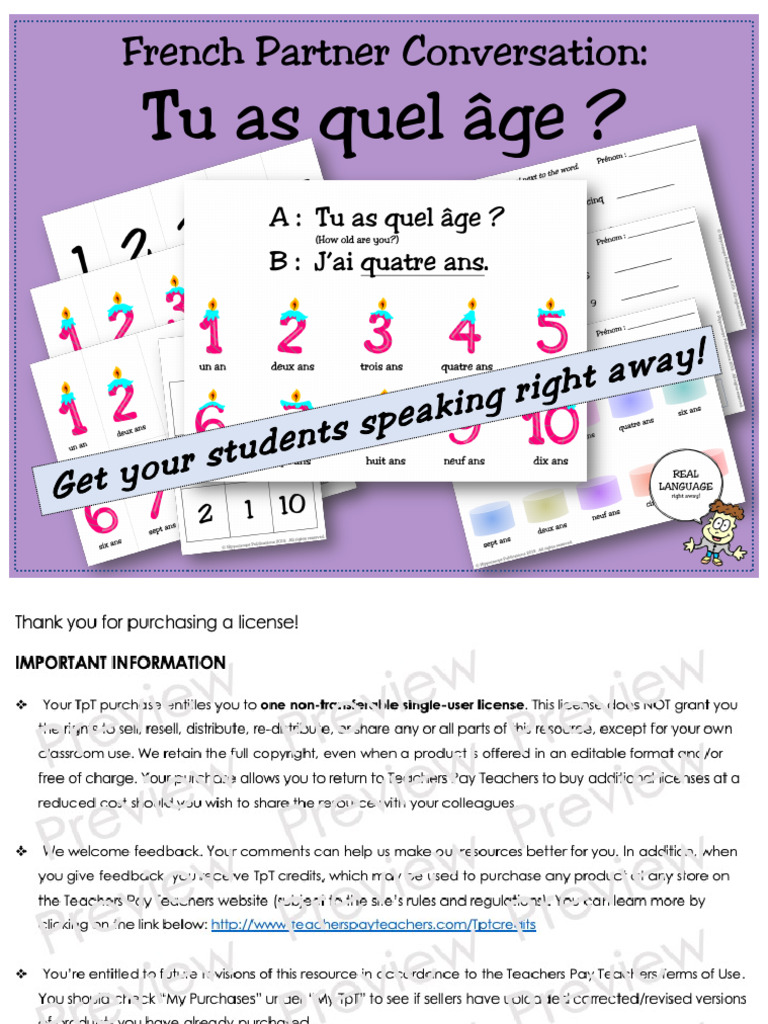 Unit 1. Partner Conversation - Quel Age.... | PDF