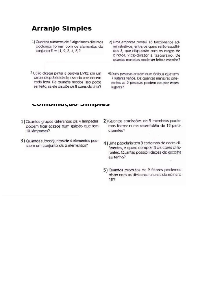Arranjo Simples e Combinação Simples SARESP | PDF