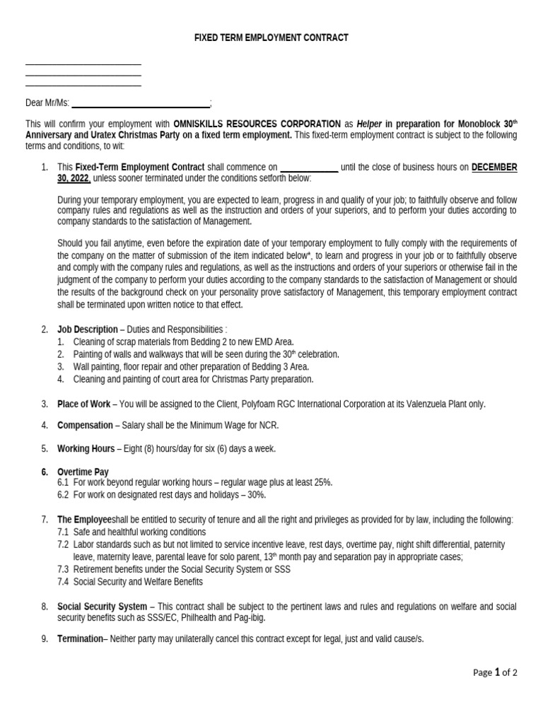 Fixed Term Contract For EMD | PDF | Employment | Overtime