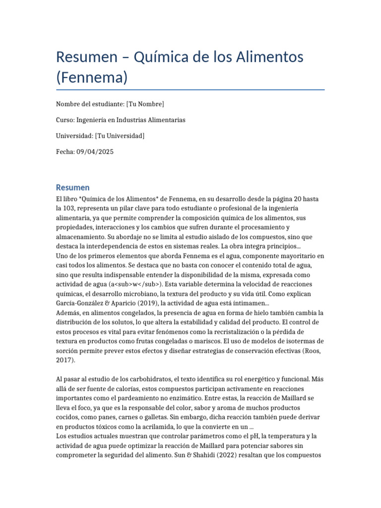 Resumen_Extendido_Quimica_Alimentos_Fennema_APA7 | PDF | Alimentos | Agua