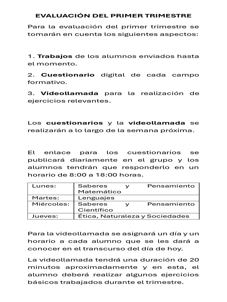Evaluación Del Primer Trimestre. Quinto Grado | PDF