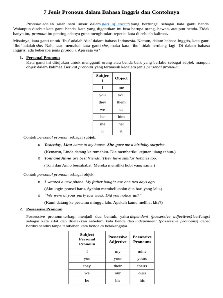 7 Jenis Pronoun Dalam Bahasa Inggris Dan Contohnya | PDF