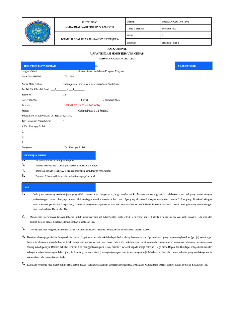 Soal UTS OFFLINE GENAP 2024 - 2025 S2 Administrasi Pendidikan Manajemen ...