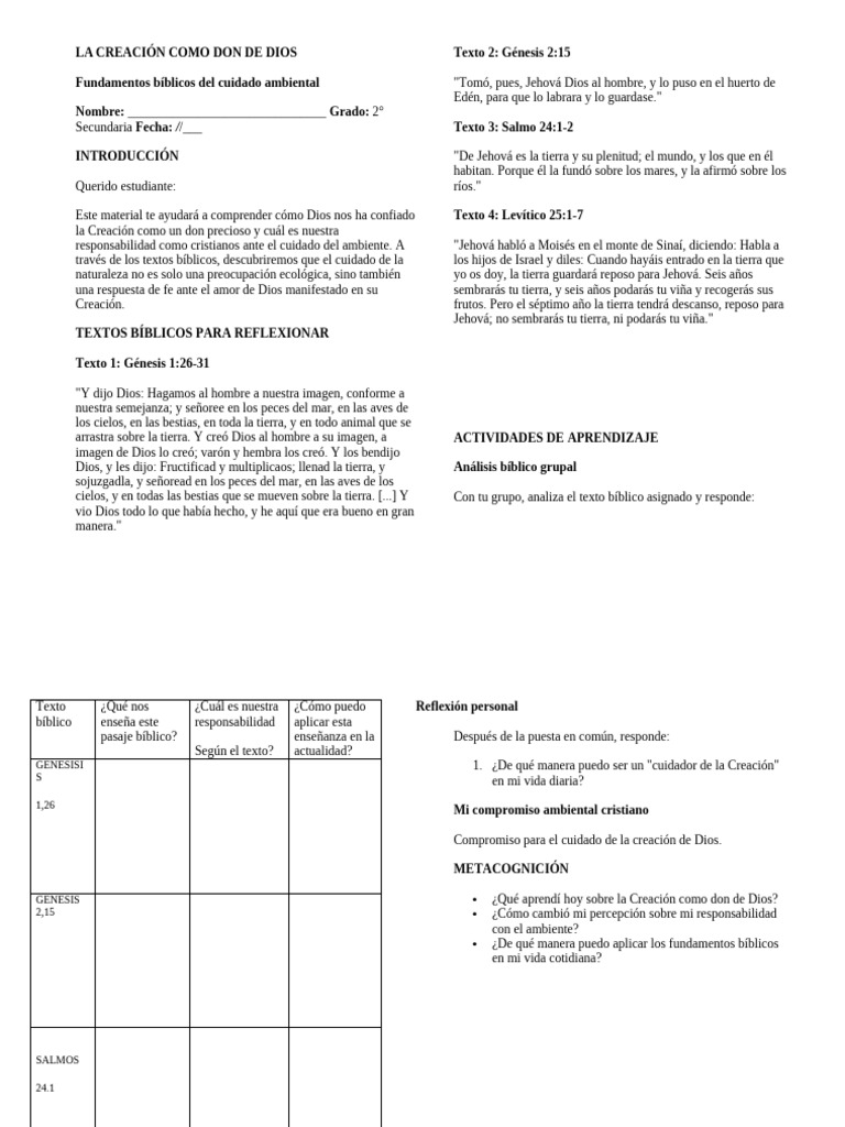 LA CREACIÓN COMO DON DE DIOS Sesion 6-Estudiante | PDF | Libro del Génesis | Creencia religiosa ...