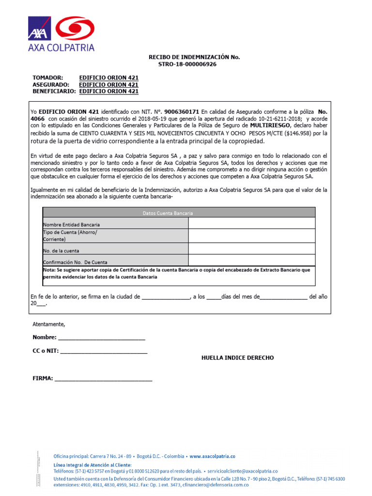 Recibo de Indemnizacion Edificio Orion 421 | PDF