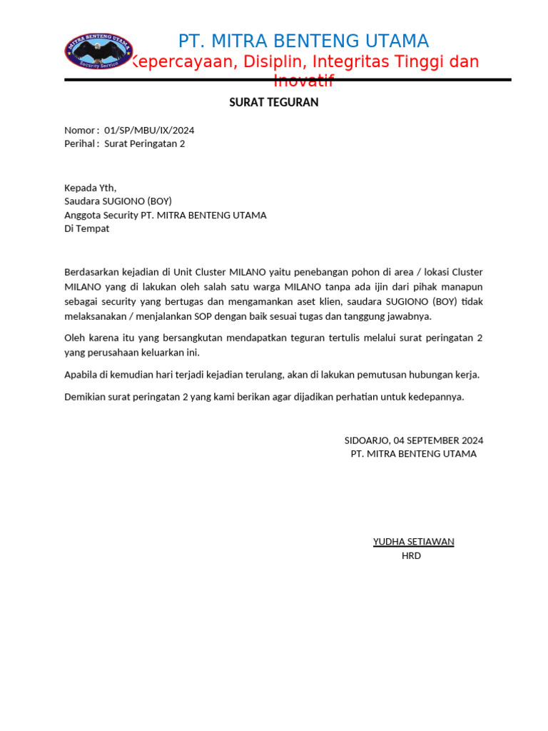 Surat Teguran untuk Anggota Security | PDF