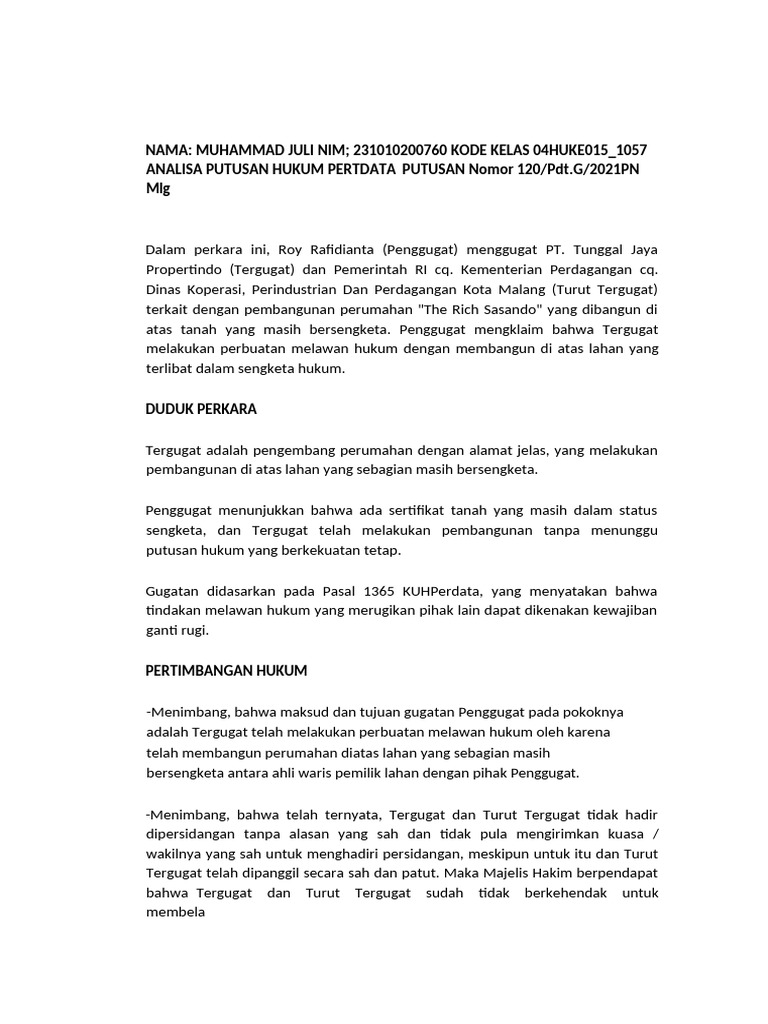 PUTUSAN HUKUM PERDATA MUHAMMAD JULI KODE KELAS 04HUKE015 RUANG 1057 | PDF