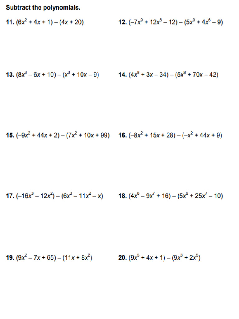 Subrtraction of Polynomials Practice Worksheet | PDF