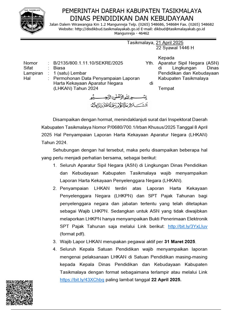 Permohonan Data Penyampaian Laporan Harta Kekayaan Aparatur Negara (LHKAN) Tahun 2024 | PDF
