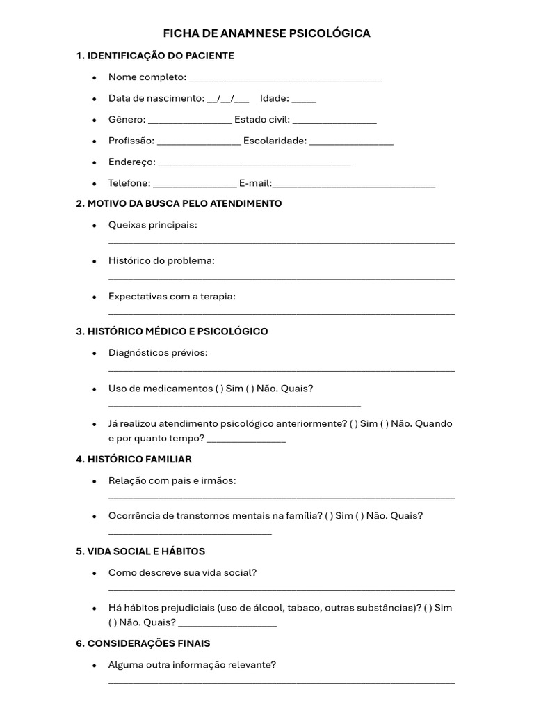 Ficha de Anamnese Psicológica - CFP | PDF