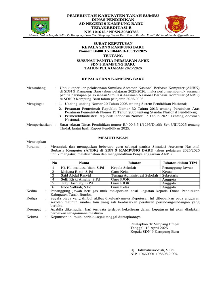 Contoh SK Panitia ANBK | PDF