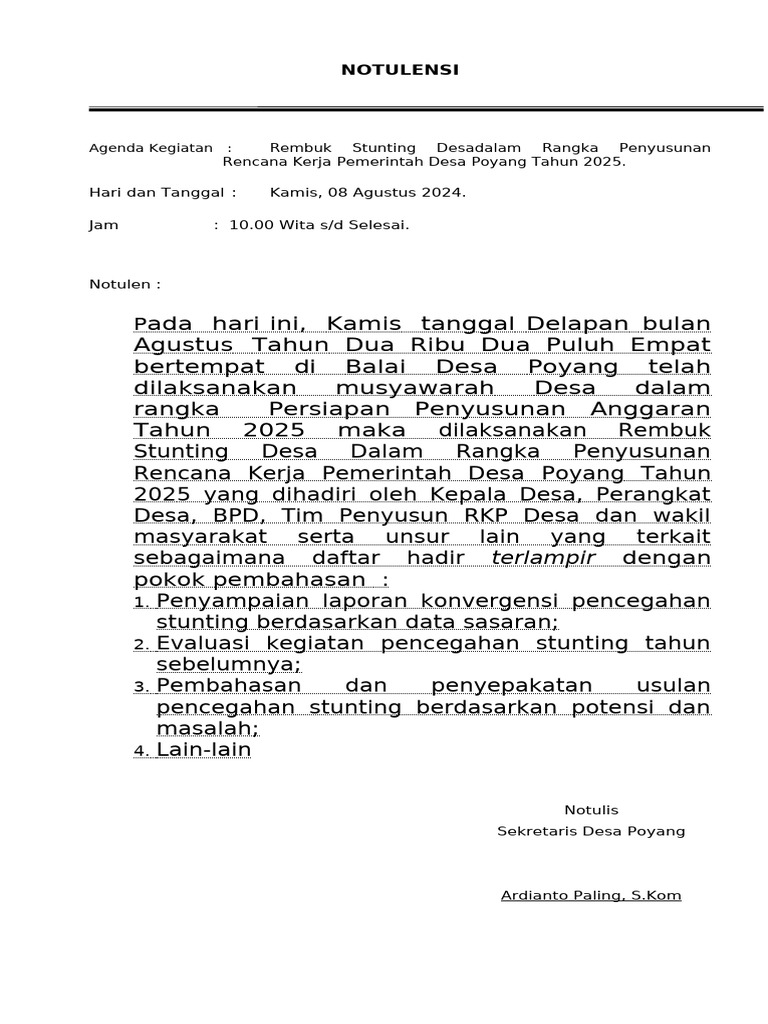Notulensi Rembuk Stunting Desa 2025 | PDF