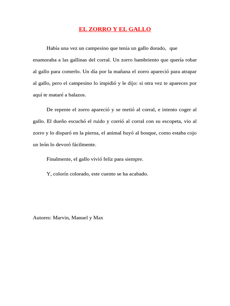 El zorro y el gallo: un cuento clásico | PDF