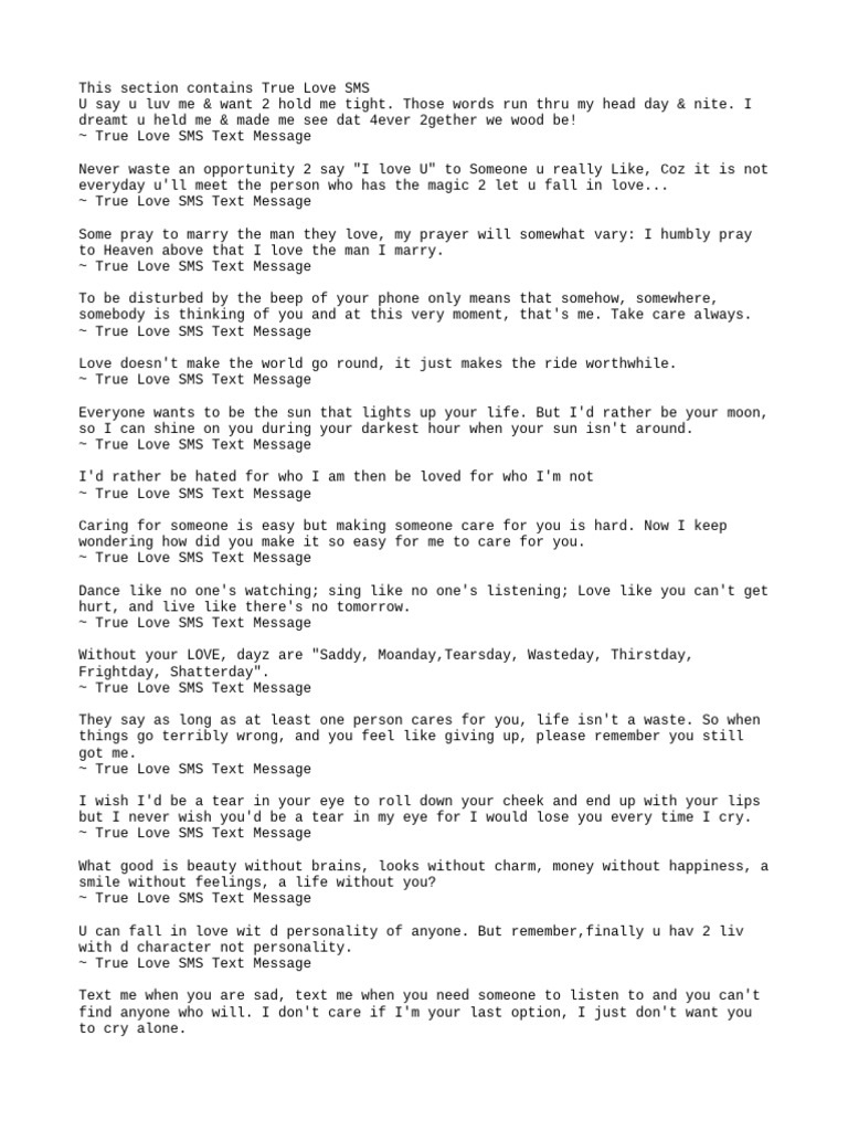 True Love SMS Messages Collection | PDF