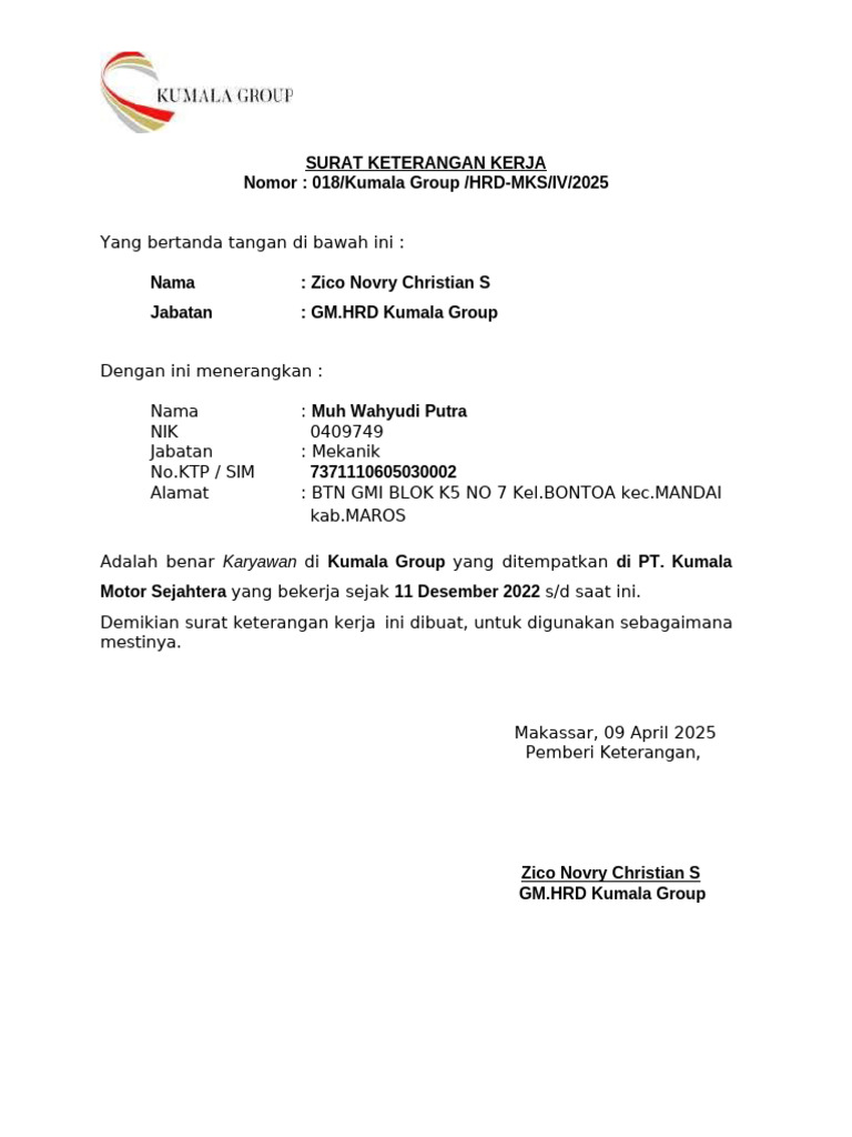 Surat Keterangan Kerja Karyawan Kumala Group | PDF