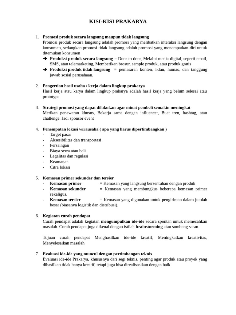 Kisi Kisi US Prakarya 2025 | PDF