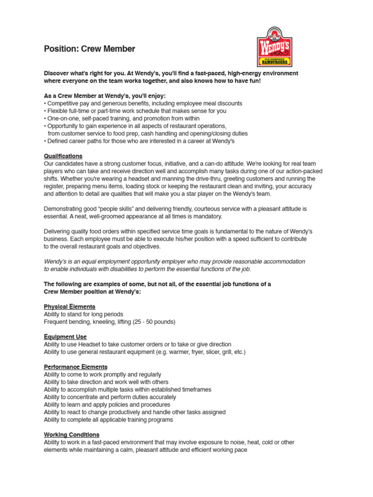 Wendy's Crew Member Job Overview | PDF | Employment | Restaurants