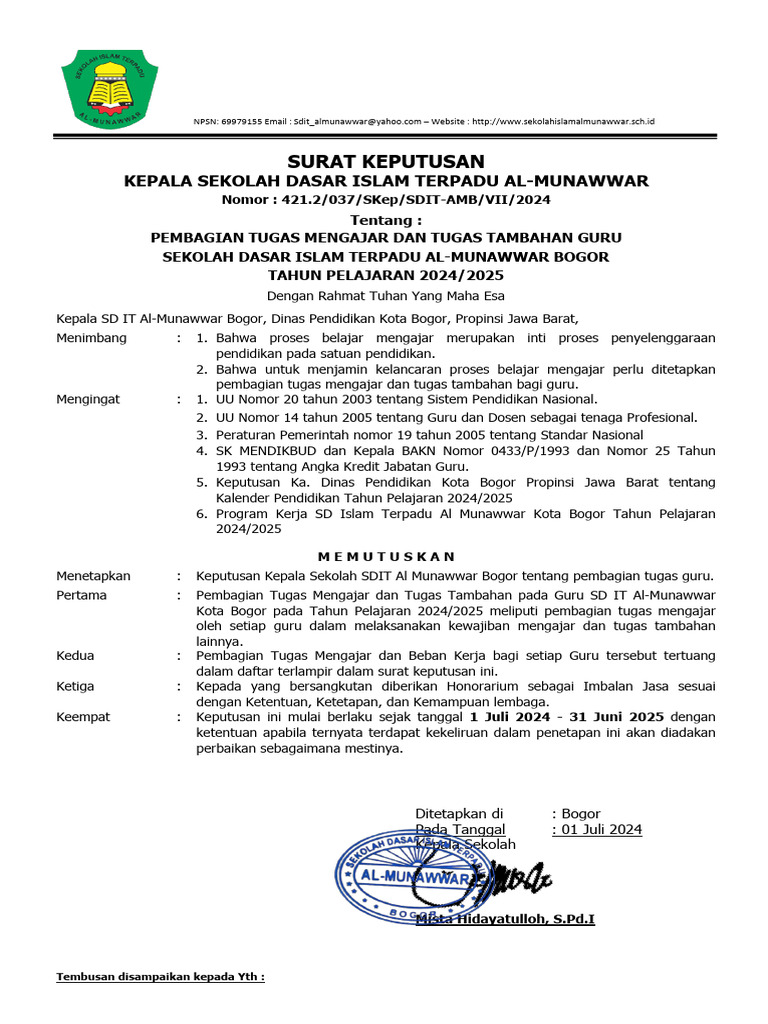 SK Pembagian Tugas Guru 2024-2025 | PDF