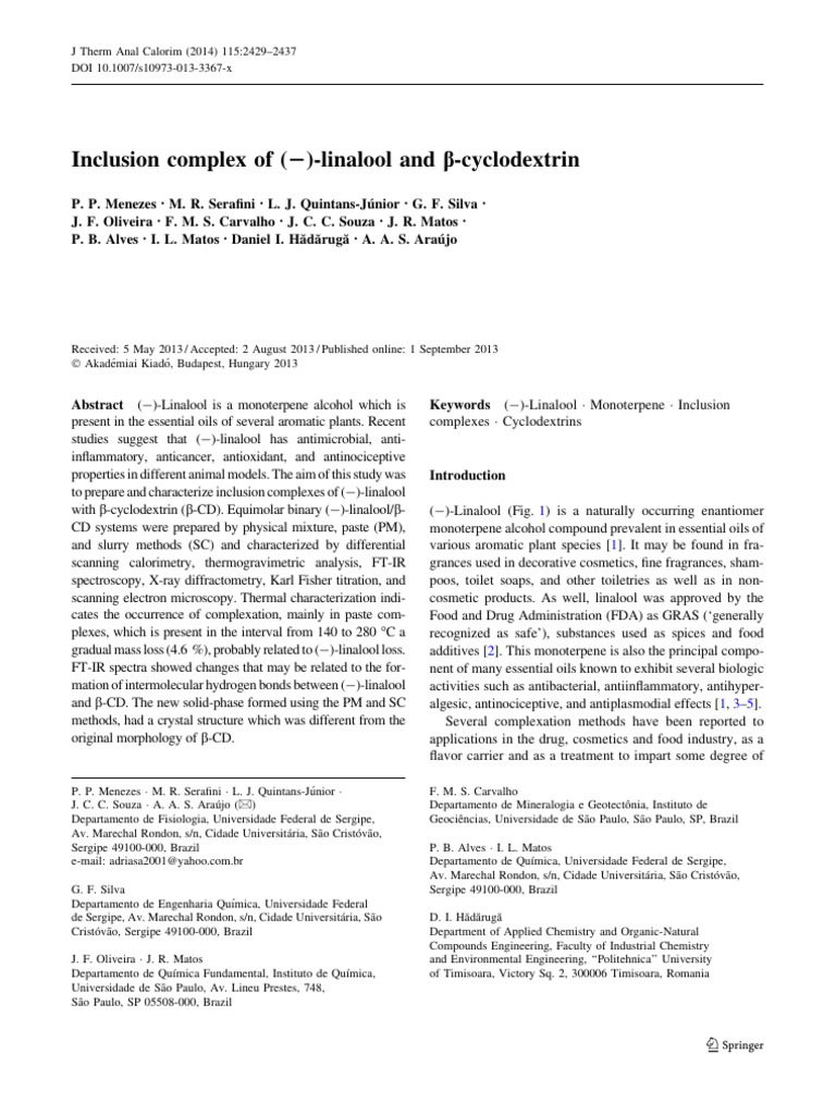 Linalool-B-Cyclodextrin Inclusion Complexes | PDF | Gas Chromatography ...